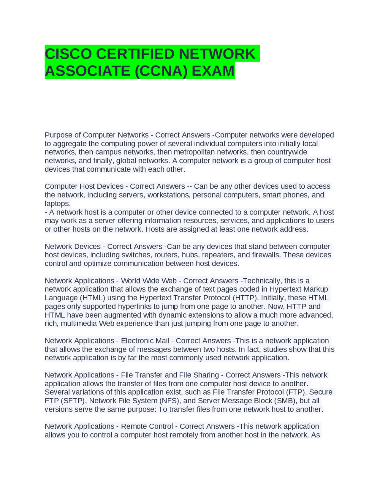 CISCO CERTIFIED NETWORK ASSOCIATE (CCNA) EXAM QUESTIONS WITH VERIFIED ...