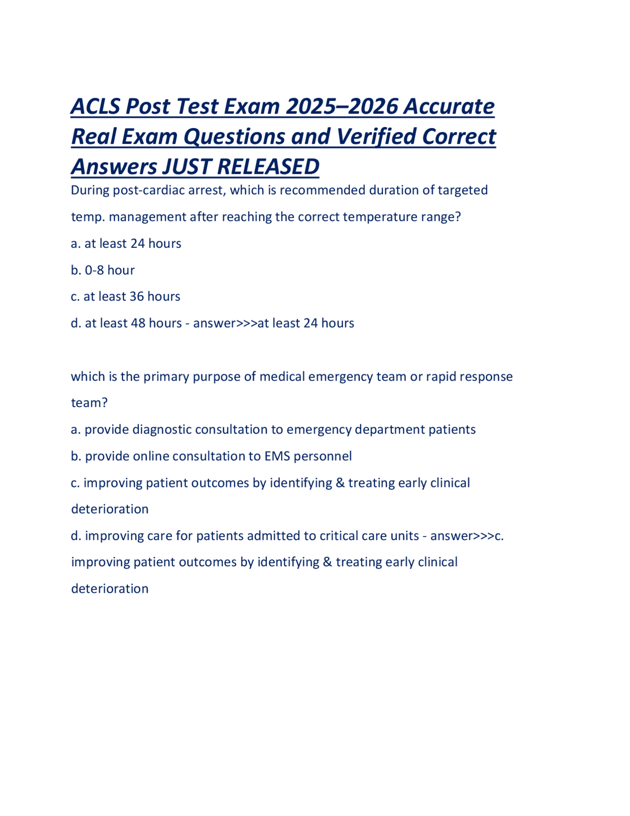 ACLS Post Test Exam 2025–2026(Advanced Cardiovascular Life Support ...