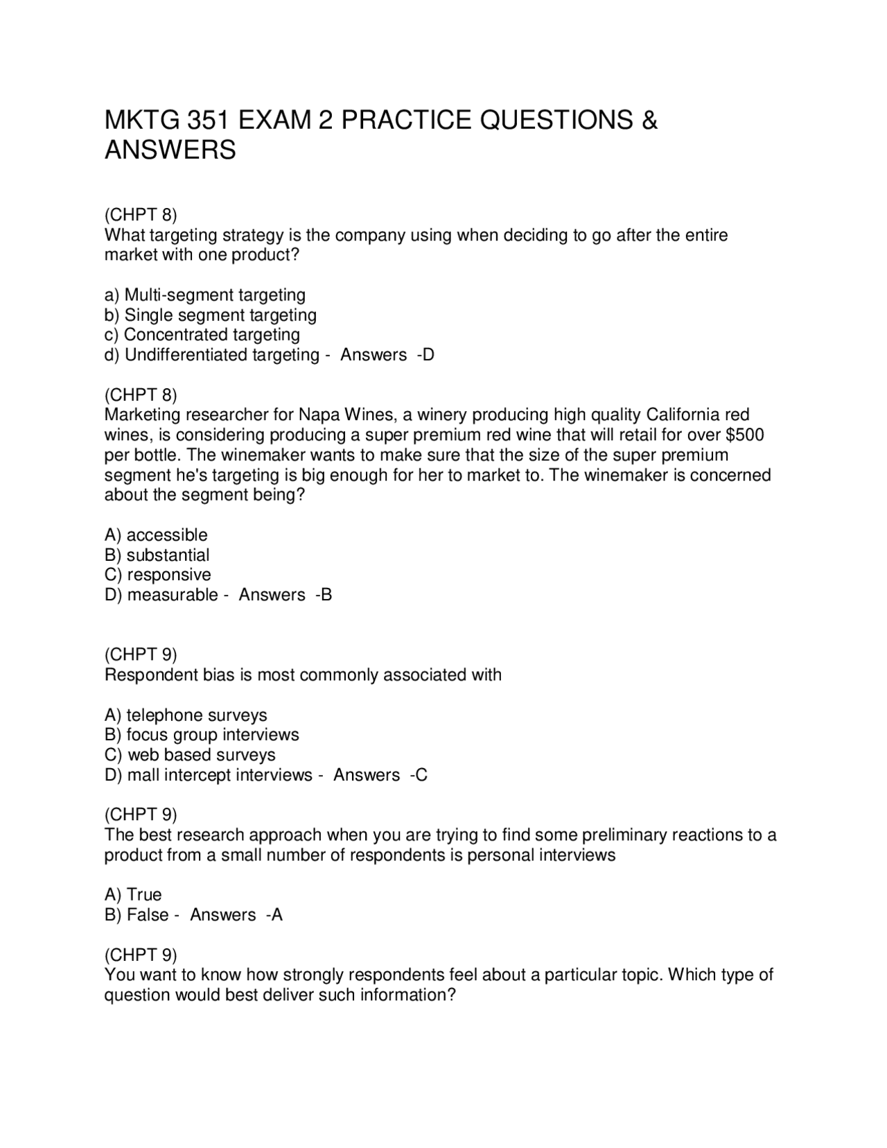 MKTG 351 EXAM 2 PRACTICE QUESTIONS & ANSWERS | Exams Marketing | Docsity