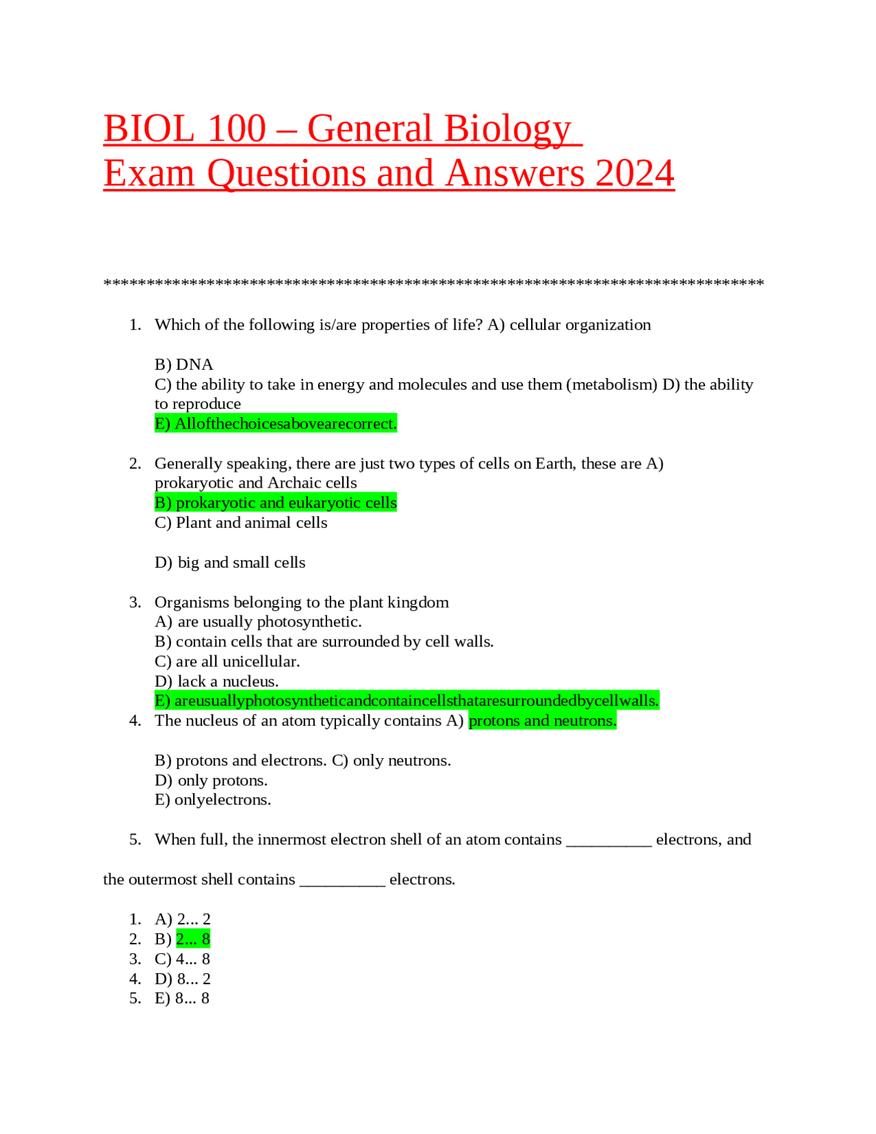 BIOL 100: General Biology Exam Questions and Answers | Exams Nursing ...