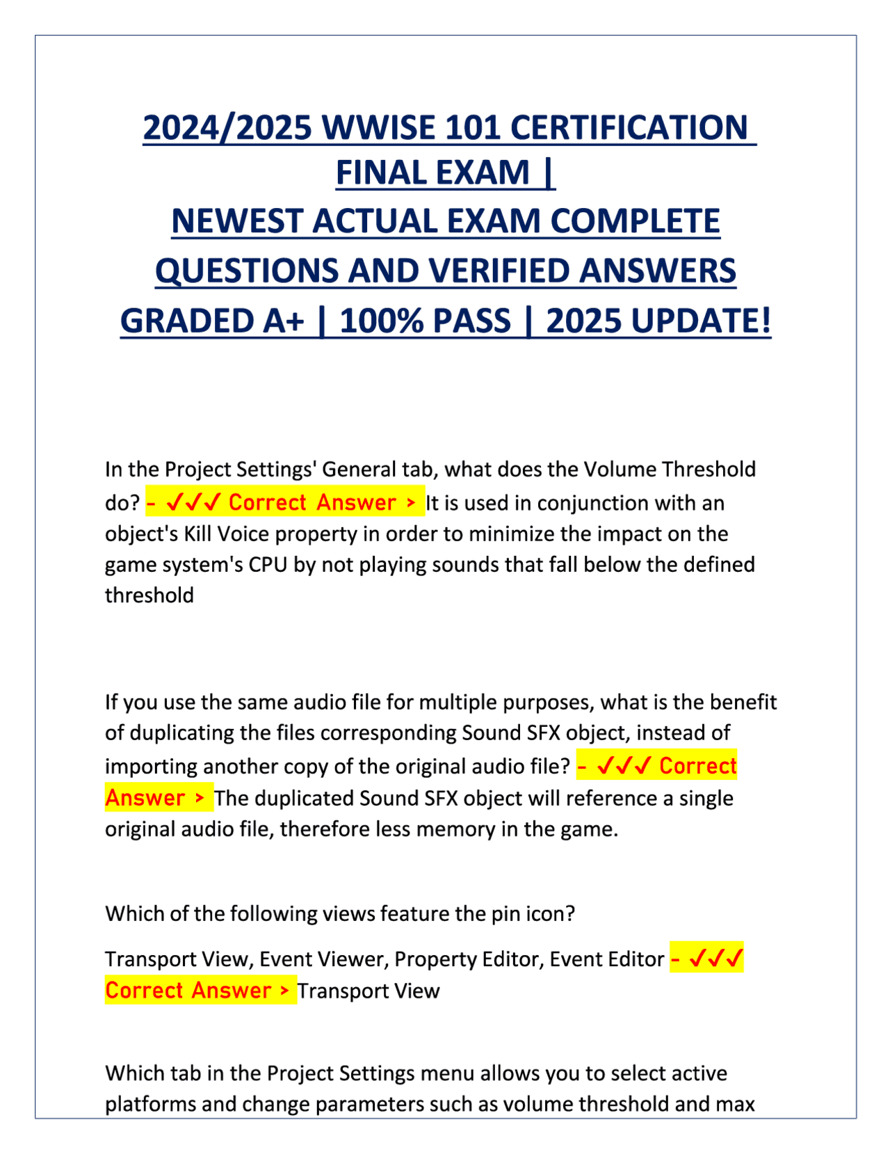 WWISE 101 CERTIFICATION FINAL EXAM NEWEST ACTUAL COMPLETE 150 REAL EXAM QUESTIONS AND CORR ...