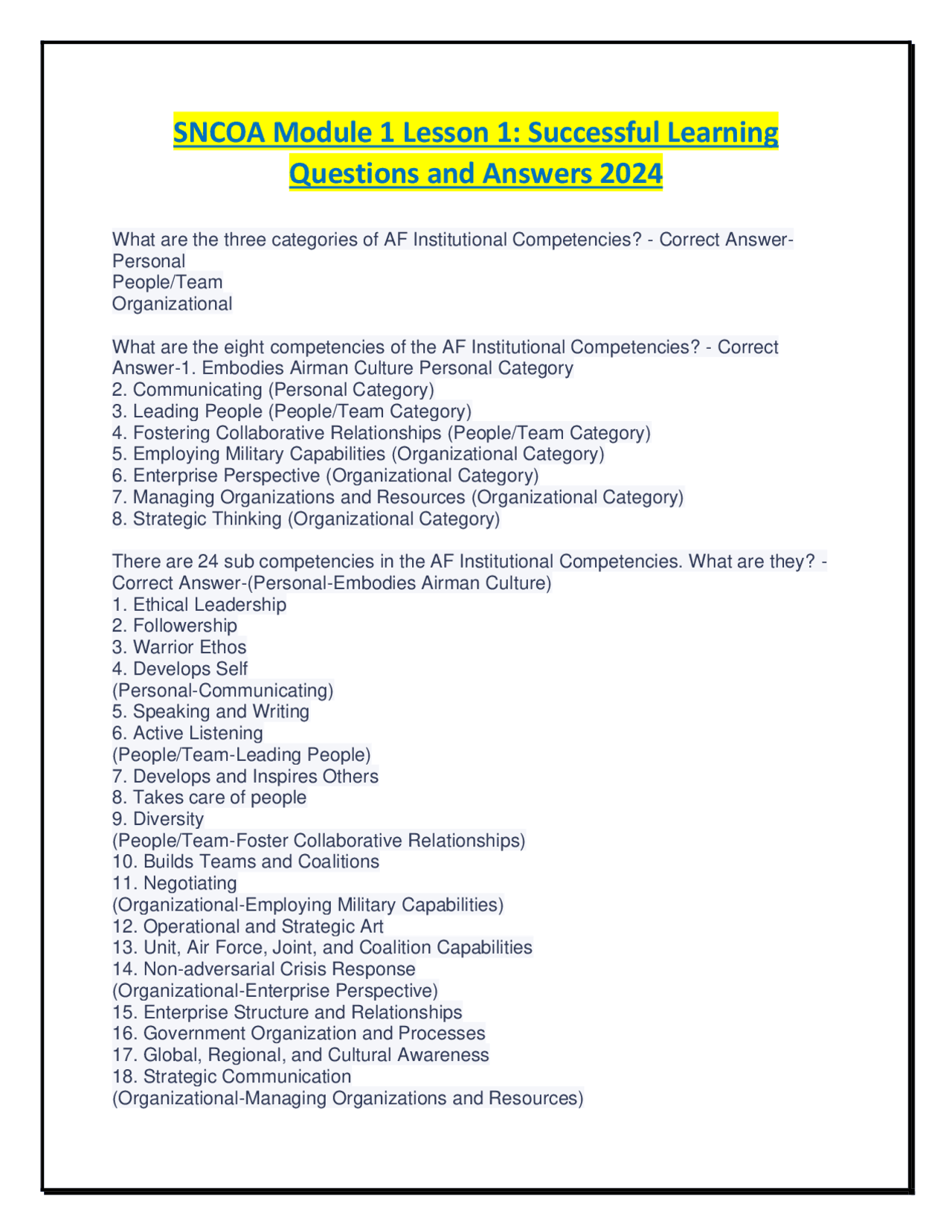SNCOA Module 1 Lesson 1 Successful Learning Questions and Answers ...