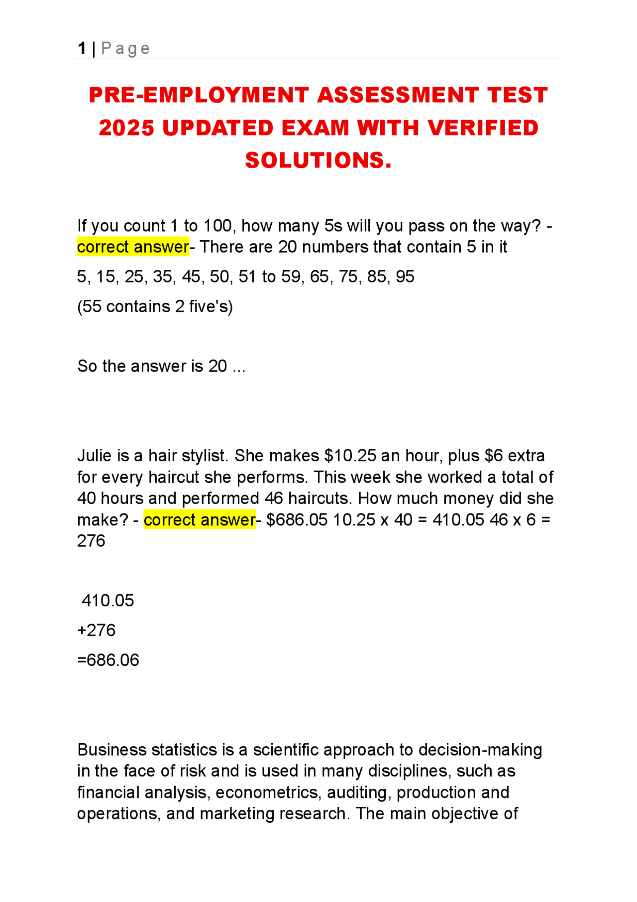 PRE-EMPLOYMENT ASSESSMENT TEST 2025 UPDATED EXAM WITH VERIFIED ...