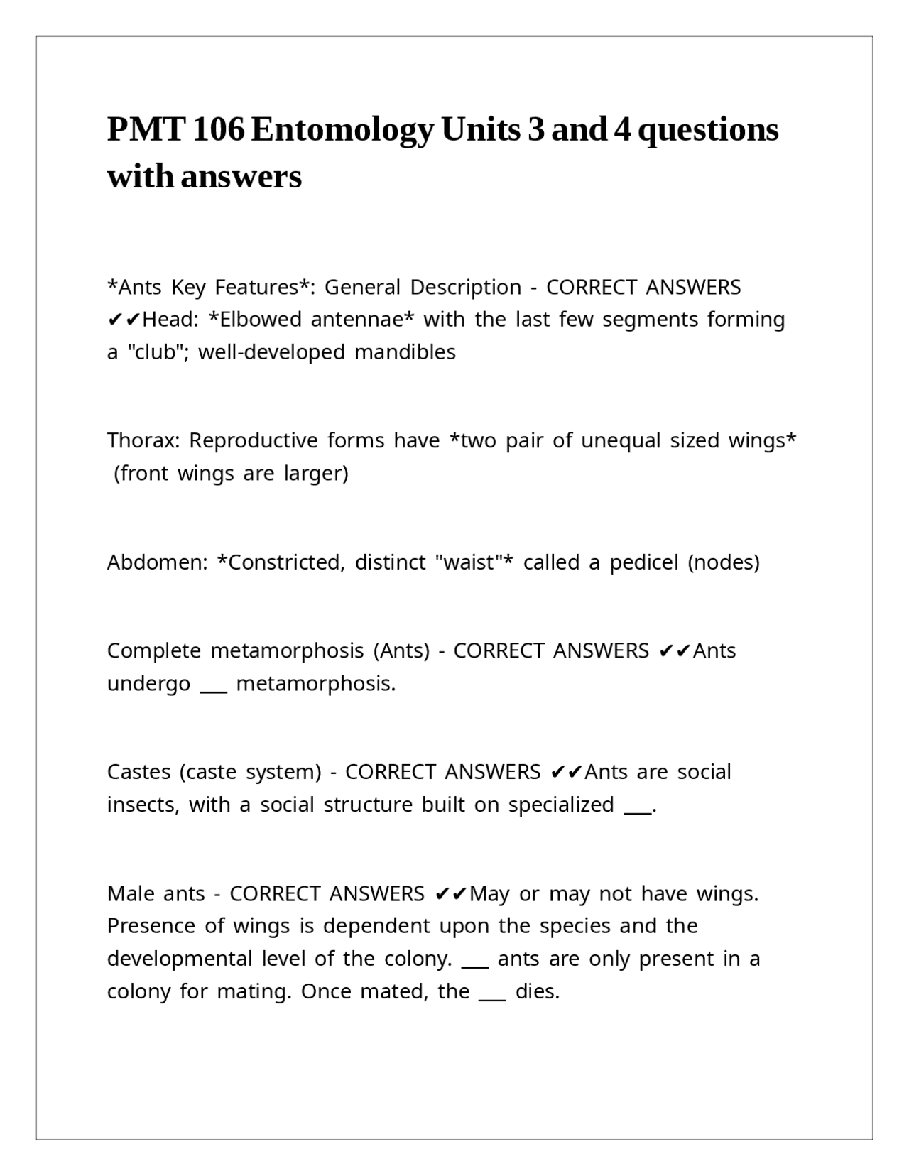 PMT 106 Entomology Units 3 and 4 questions with answers | Exams Entomology | Docsity