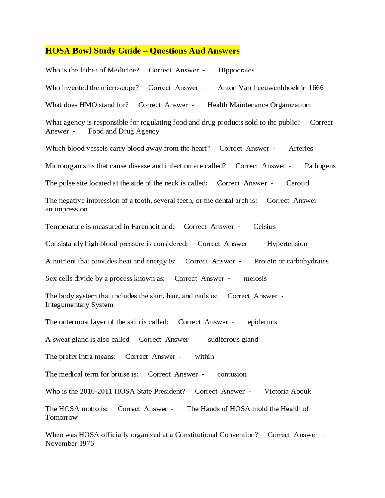HOSA Bowl Study Guide: Q&A for Health Science Students | Exams Public ...