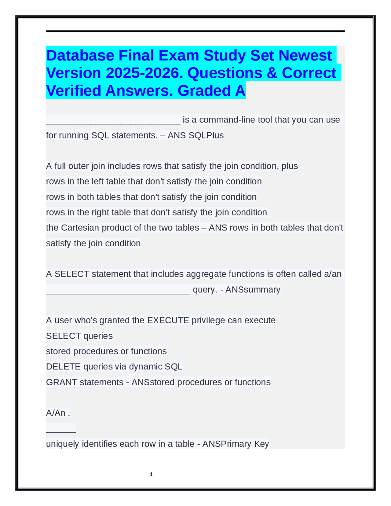 Database Final Exam Study Set Newest Version 2025-2026. Questions & Correct Verified Answe ...