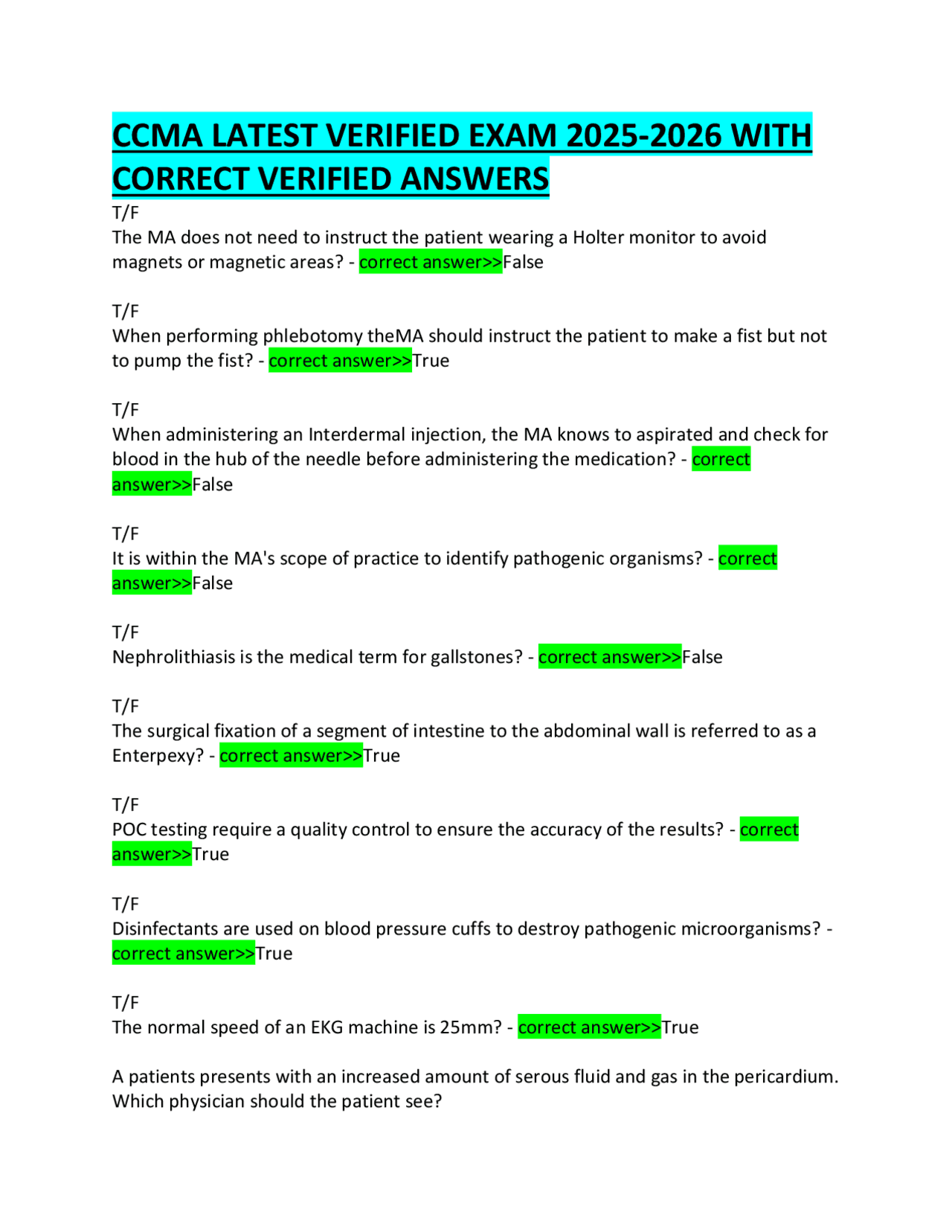 CCMA National EXAM Prep With Correct Verified Answers Latest 2025-2026 ...