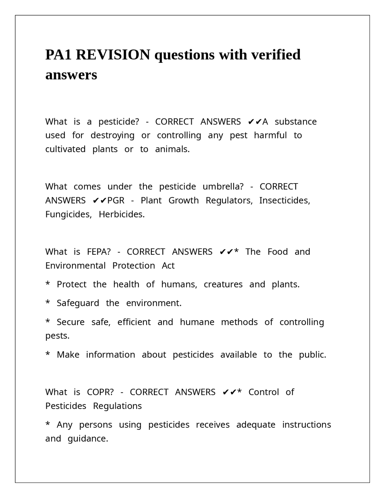PA1 REVISION questions with verified answers | Exams Pest Management ...