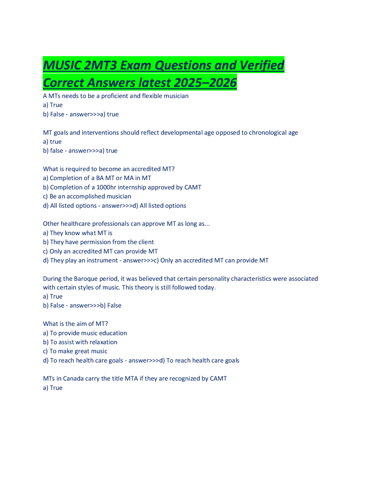 Music Therapy Exam Questions and Answers | Exams Music | Docsity
