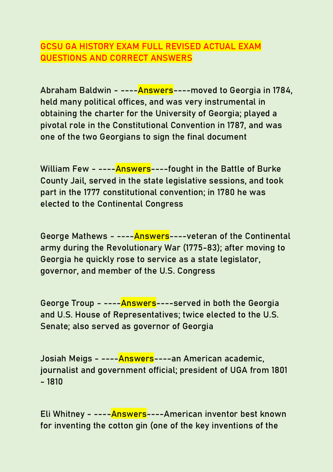 GCSU GA HISTORY EXAM FULL REVISED ACTUAL EXAM QUESTIONS AND CORRECT ...