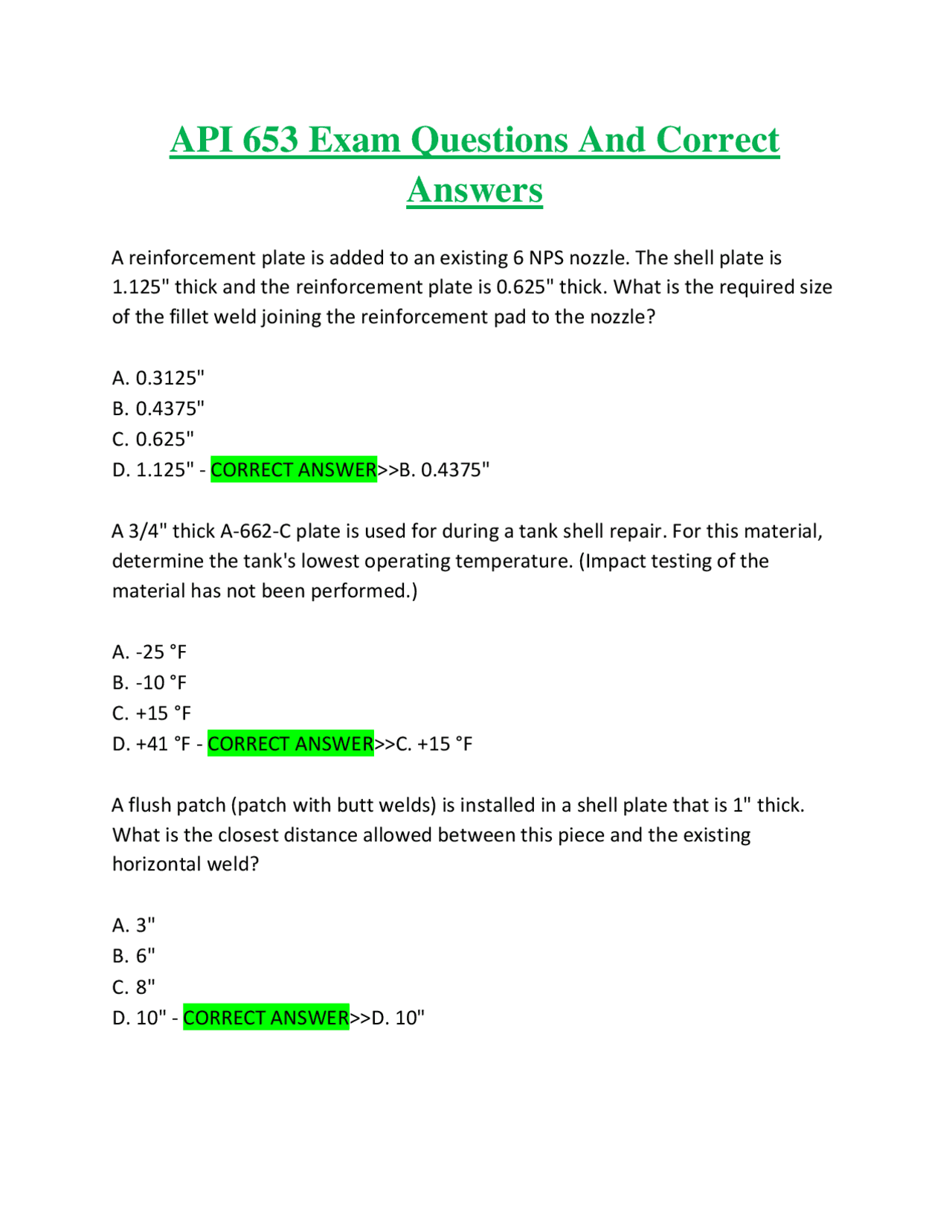 API 653 Exam Questions And Correct Answers | Exams Nursing | Docsity