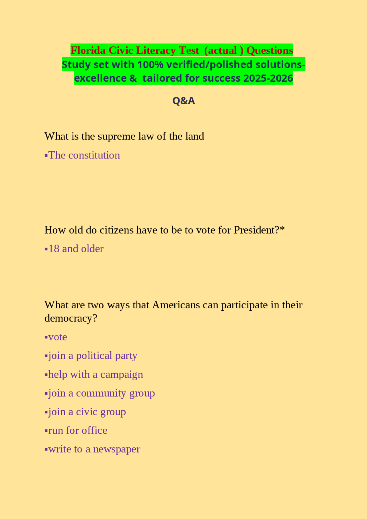 Florida Civic Literacy Test (actual ) Questions Study set with 100% ...
