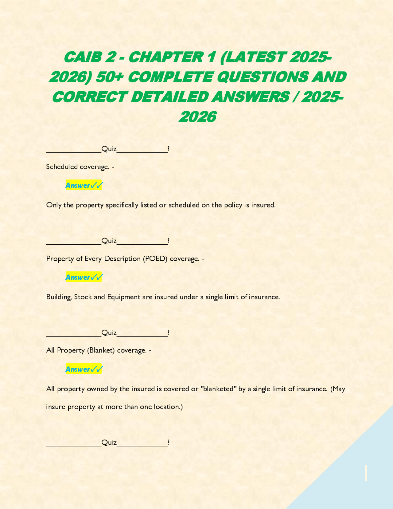 CAIB 2 Chapter 1: Commercial Property Insurance Q&A | Exams Nursing ...