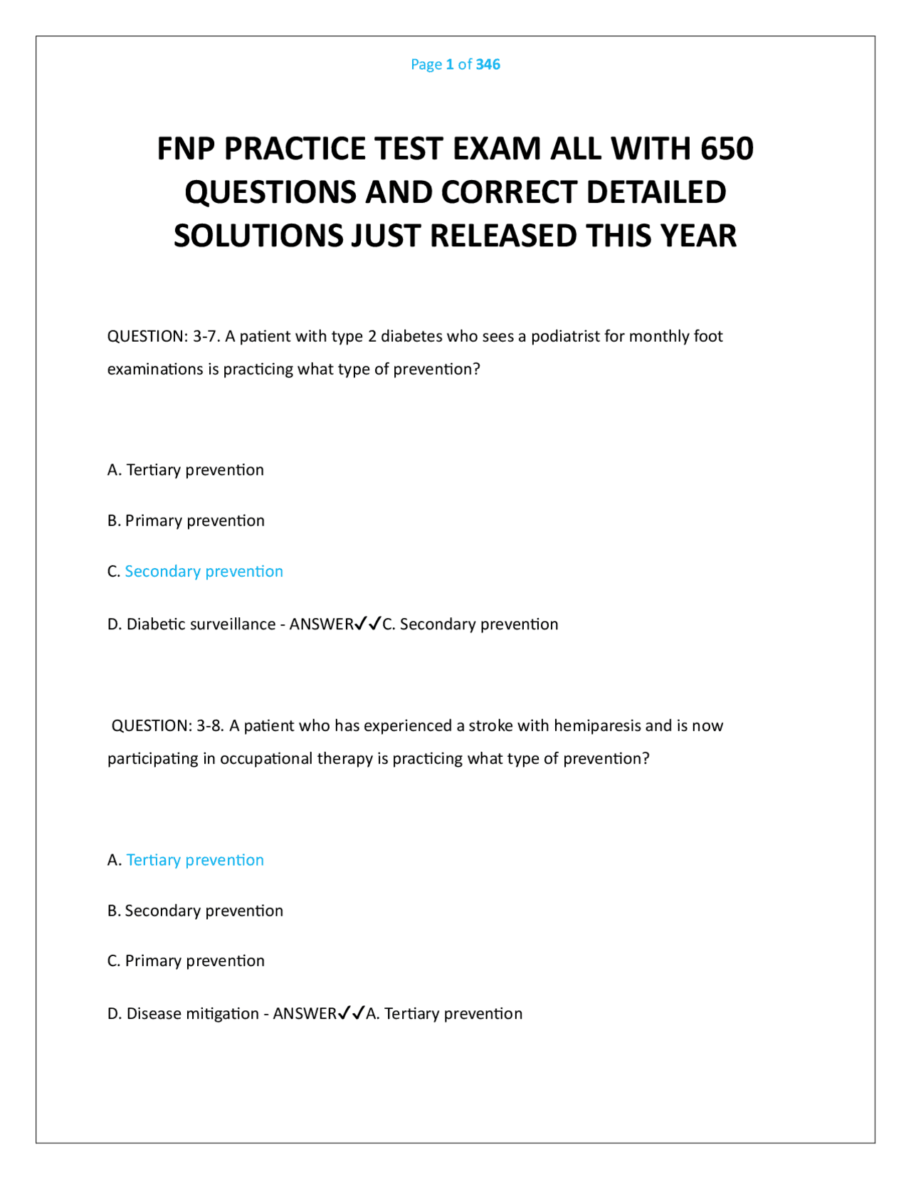 FNP PRACTICE TEST EXAM ALL WITH 650 QUESTIONS AND CORRECT DETAILED ...