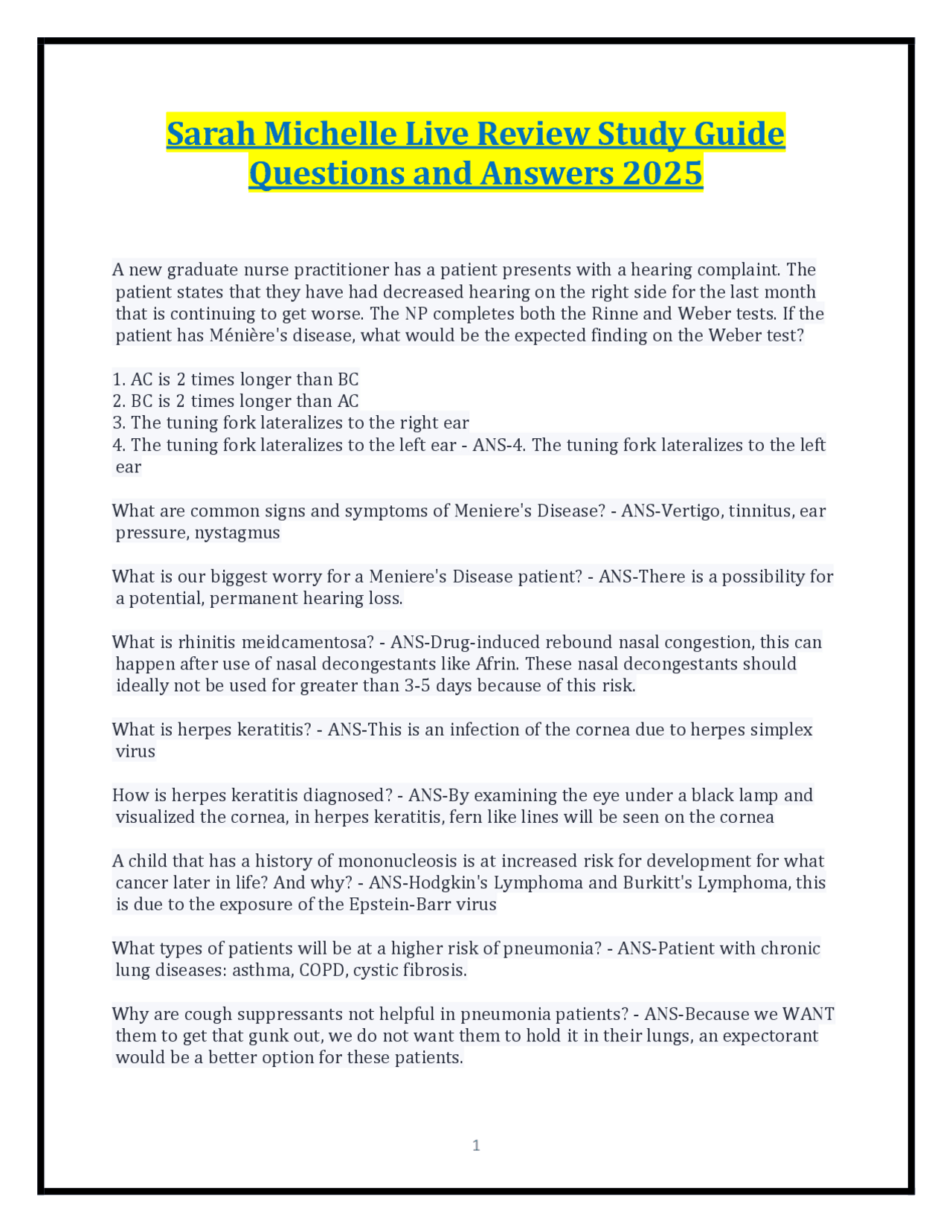 Sarah Michelle Live Review Study Guide Questions and Answers | Exams ...