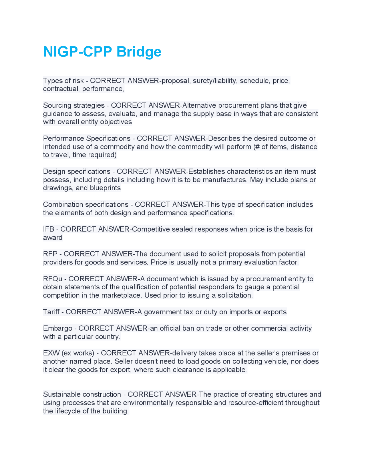 NIGP-CPP Bridge Questions and Answers 100% Solved correctly | Exams Advanced Education | Docsity