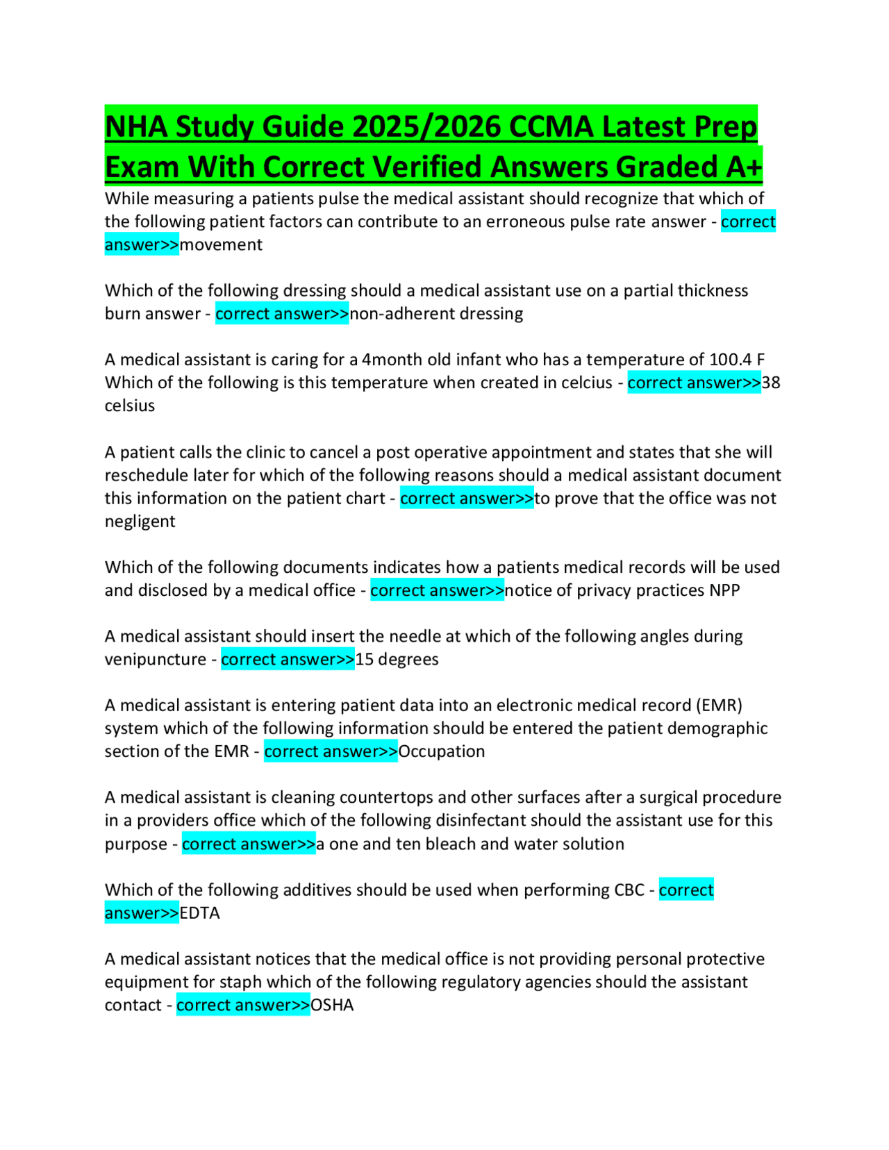 NHA Study Guide 2025/2026 CCMA Latest Prep Exam With Correct Verified ...