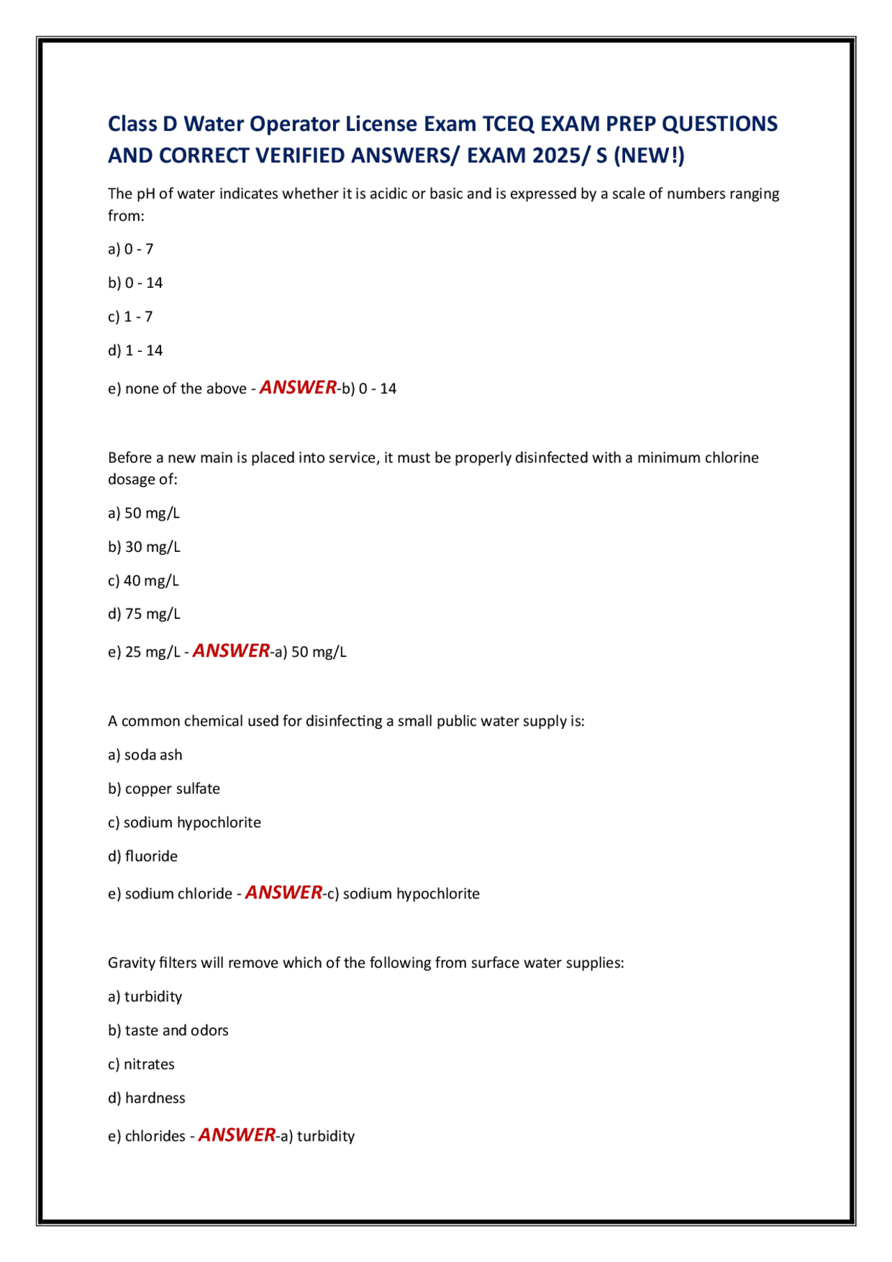 Class D Water Operator License Exam TCEQ EXAM PREP QUESTIONS AND ...