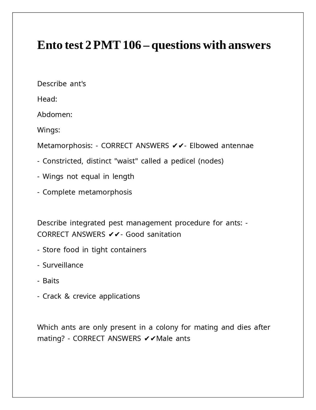 Ento test 2 PMT 106 – questions with answers | Exams Entomology | Docsity