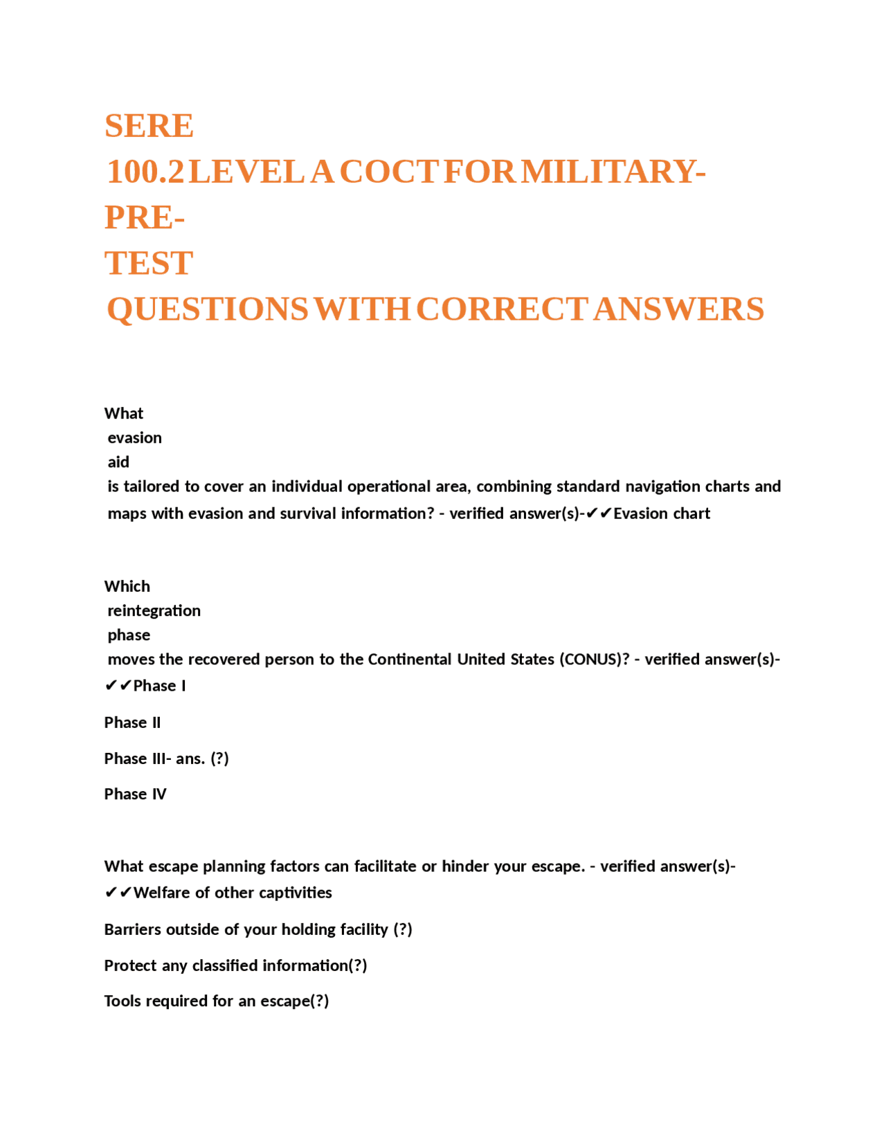 SERE 100.2 LEVEL A COCT FOR MILITARY-PRE-TEST QUESTIONS WITH CORRECT ...