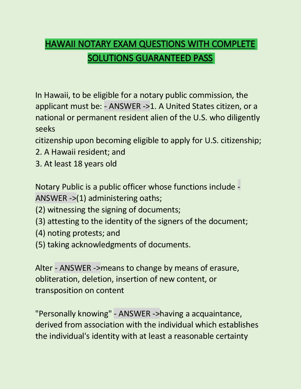 HAWAII NOTARY EXAM QUESTIONS WITH COMPLETE SOLUTIONS GUARANTEED PASS ...