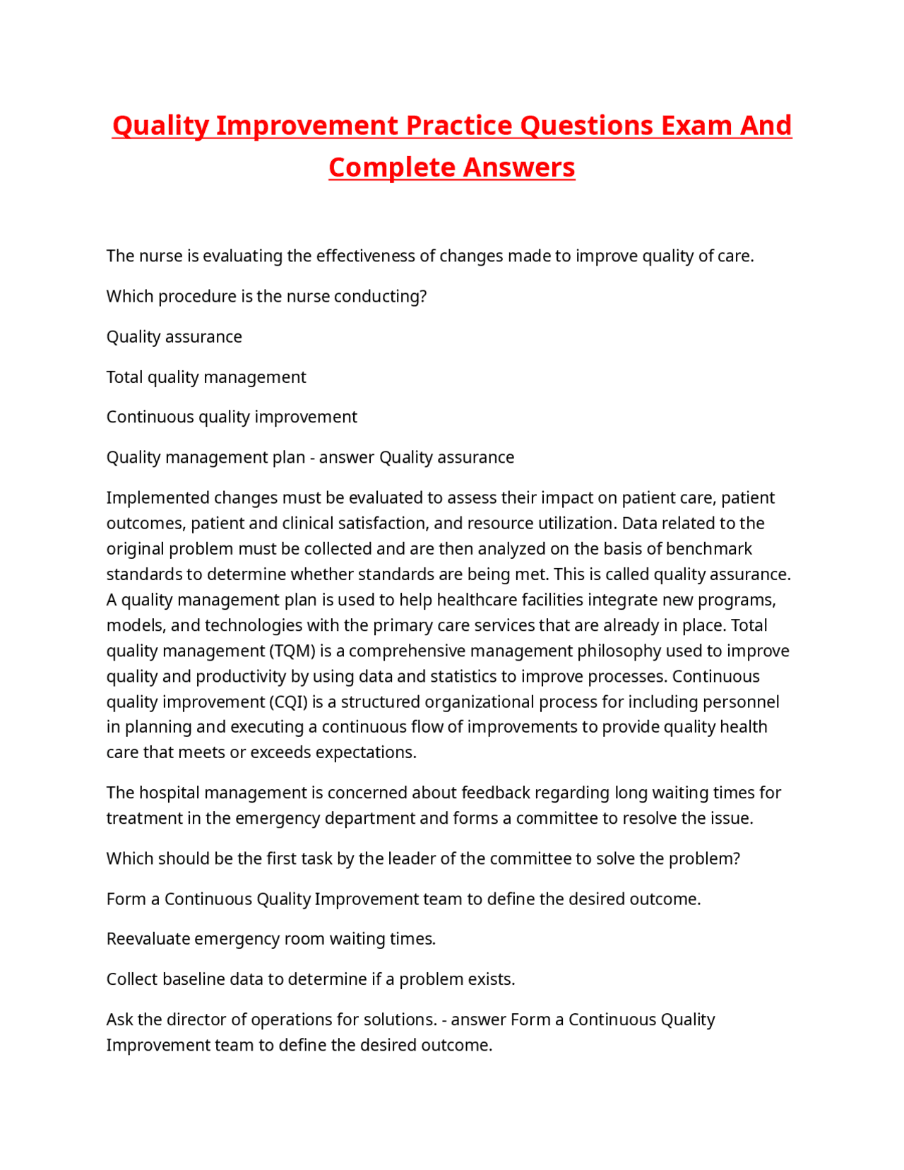 Quality Improvement Practice Questions Exam And Complete Answers. | Exams Nursing | Docsity