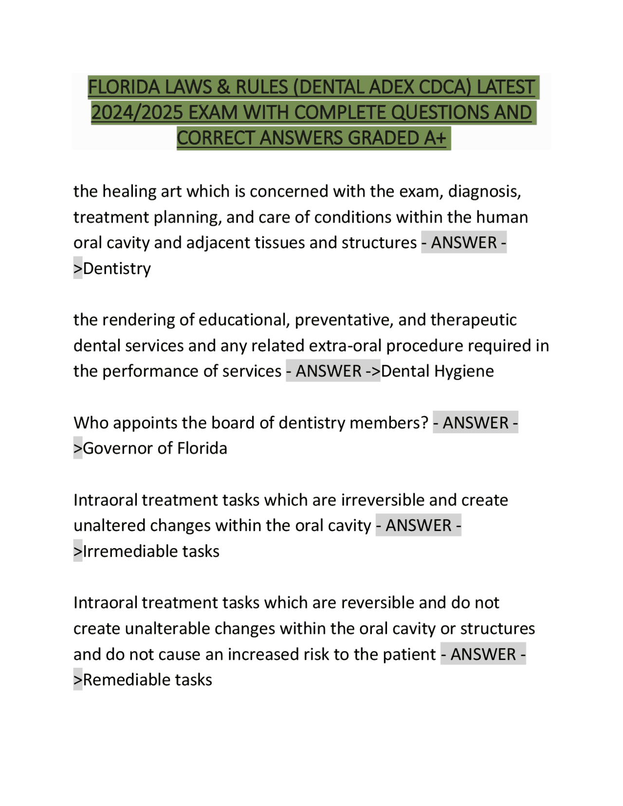 FLORIDA LAWS & RULES (DENTAL ADEX CDCA) LATEST 2024/2025 EXAM WITH ...