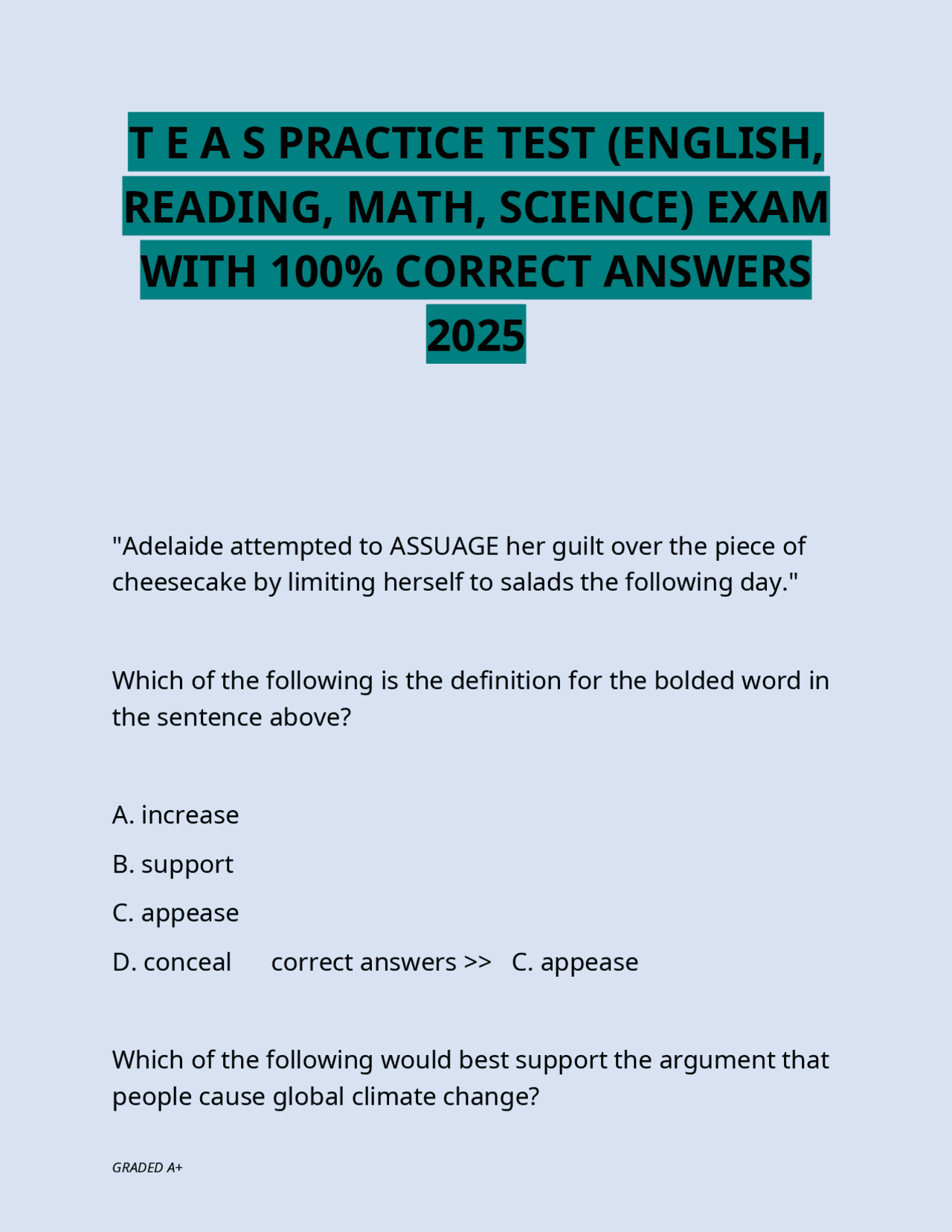 T E A S PRACTICE TEST (ENGLISH, READING, MATH, SCIENCE) EXAM WITH 100% ...