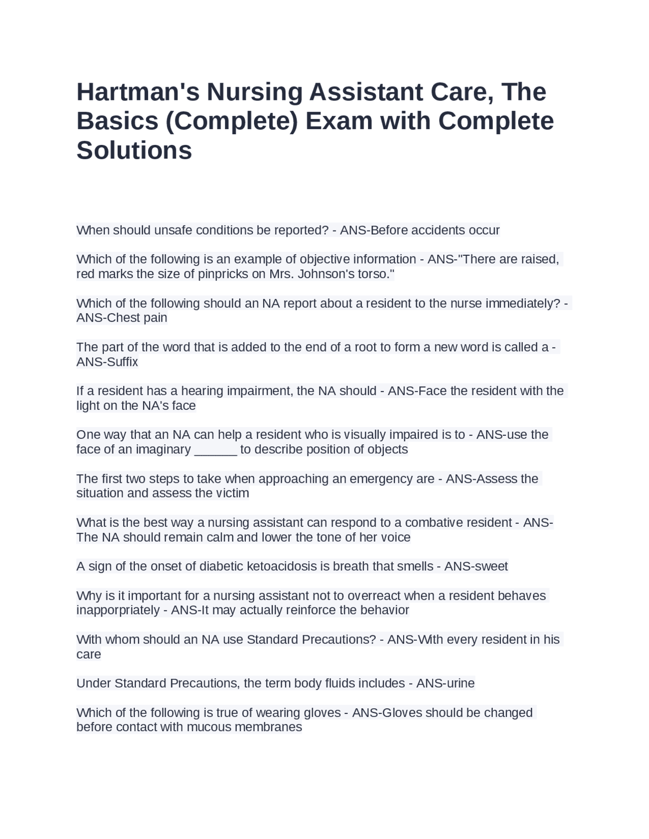 Hartman's Nursing Assistant Care, The Basics (Complete) Exam with ...