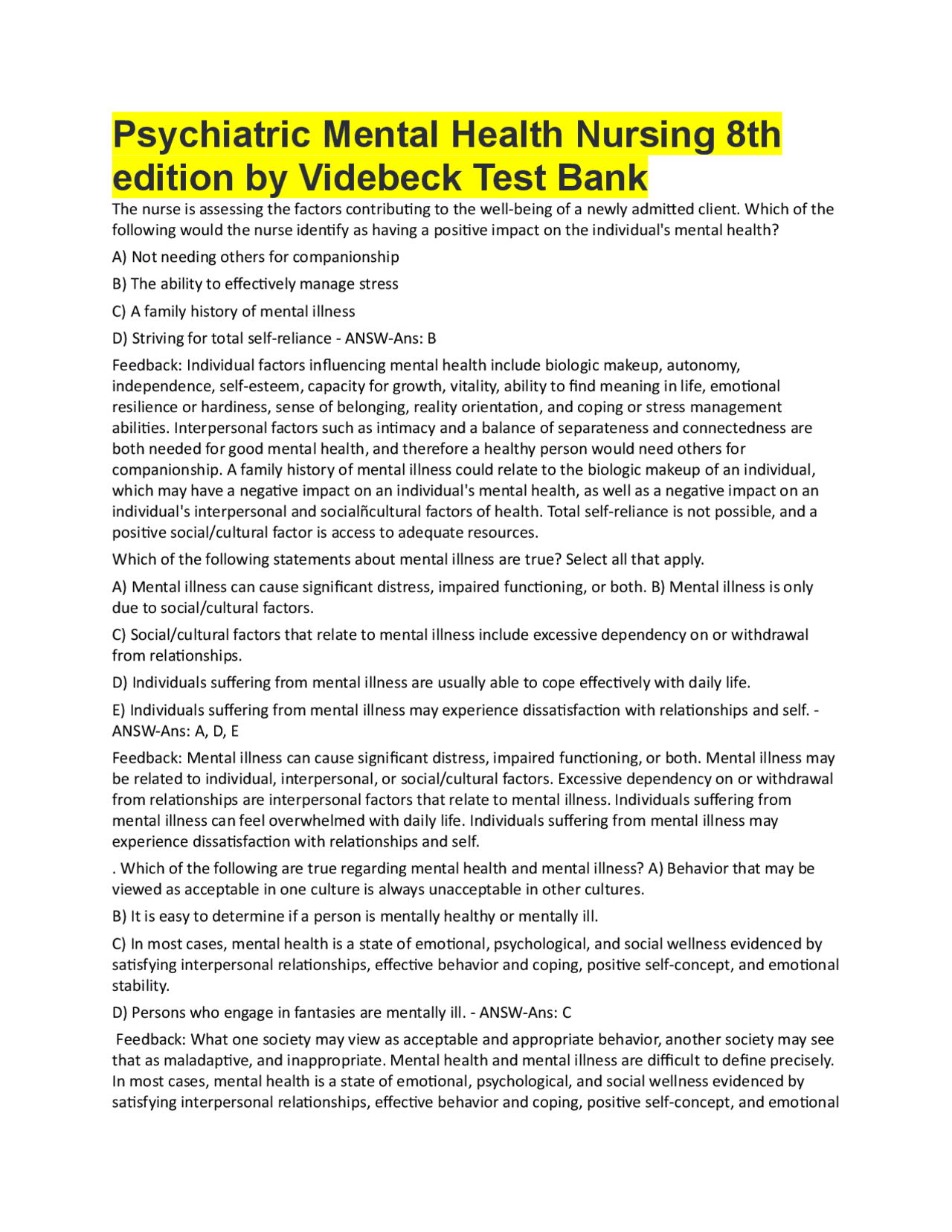 Psychiatric Mental Health Nursing 8th edition by Videbeck Test Bank ...