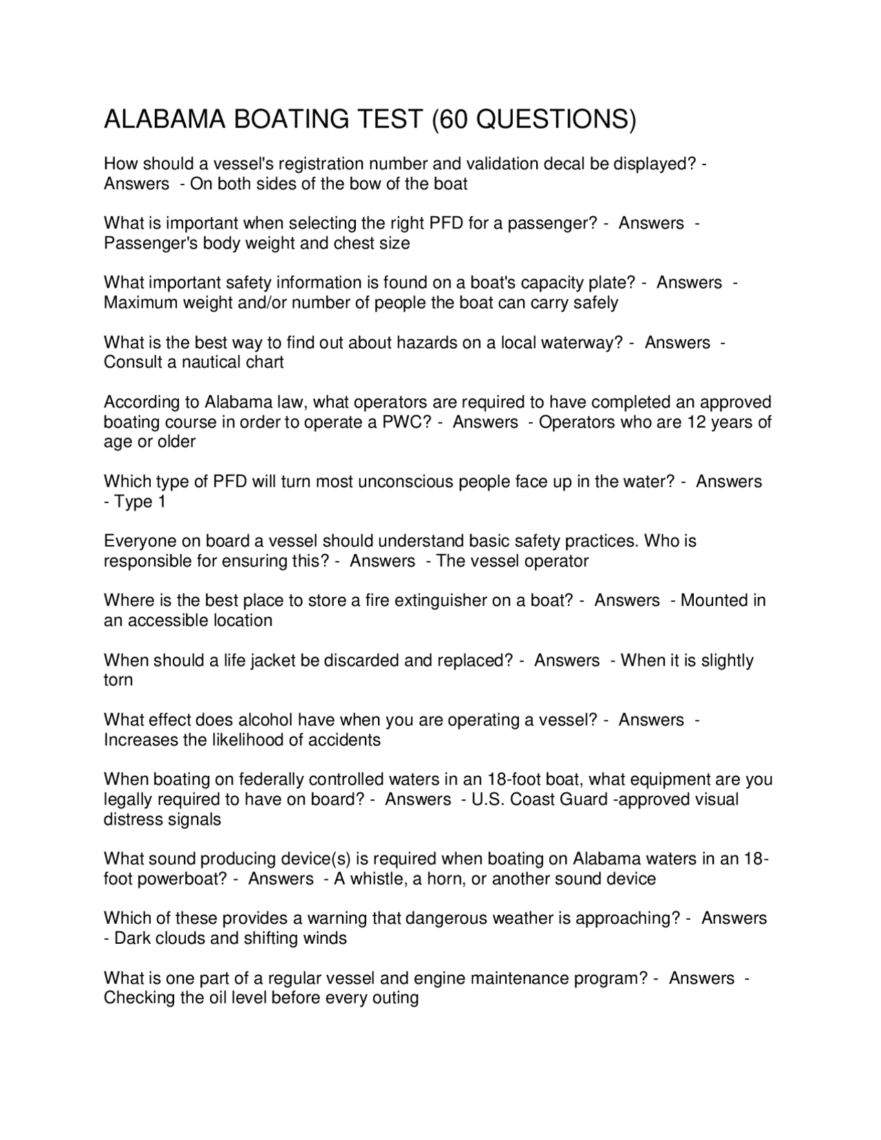 ALABAMA BOATING TEST (60 QUESTIONS) | Exams Social Sciences | Docsity