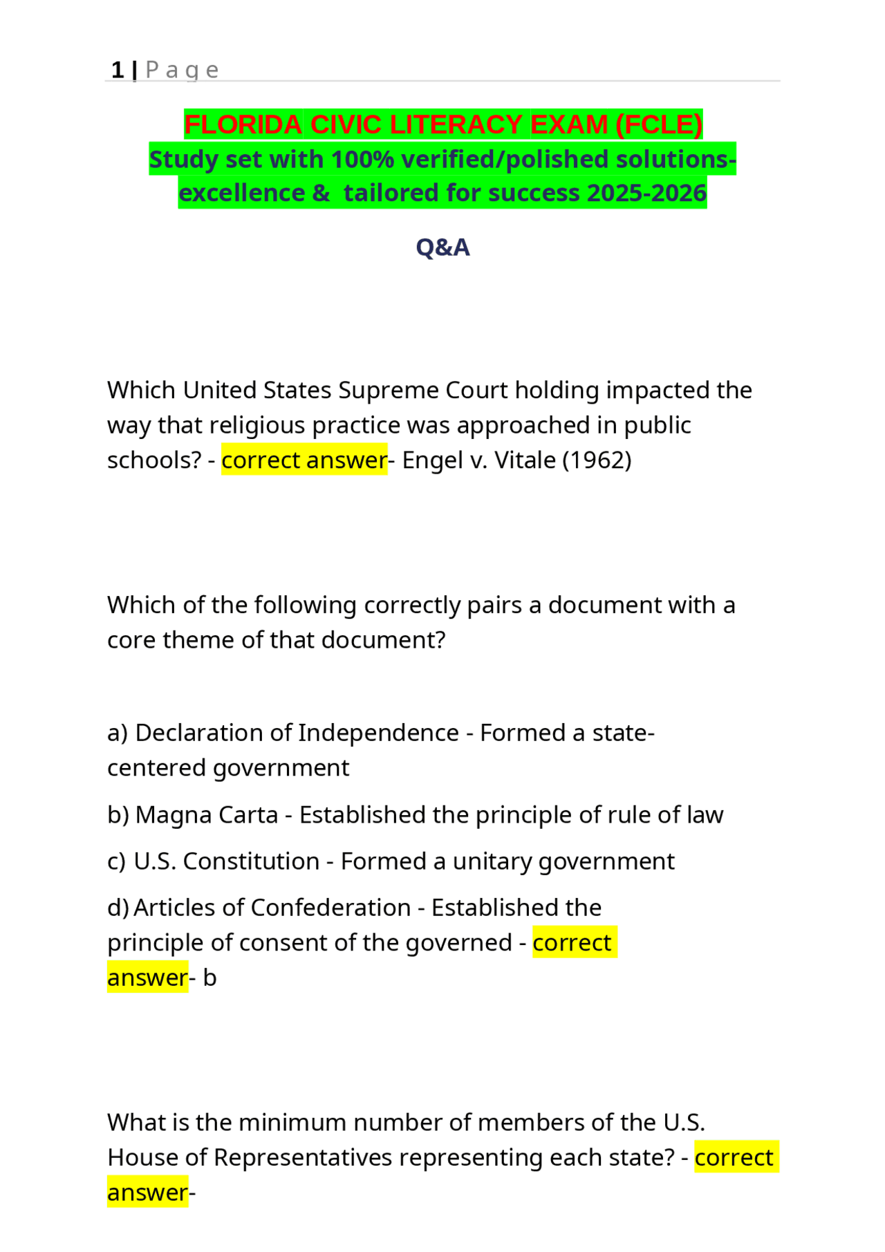FLORIDA CIVIC LITERACY EXAM (FCLE) Study set with 100% verified ...
