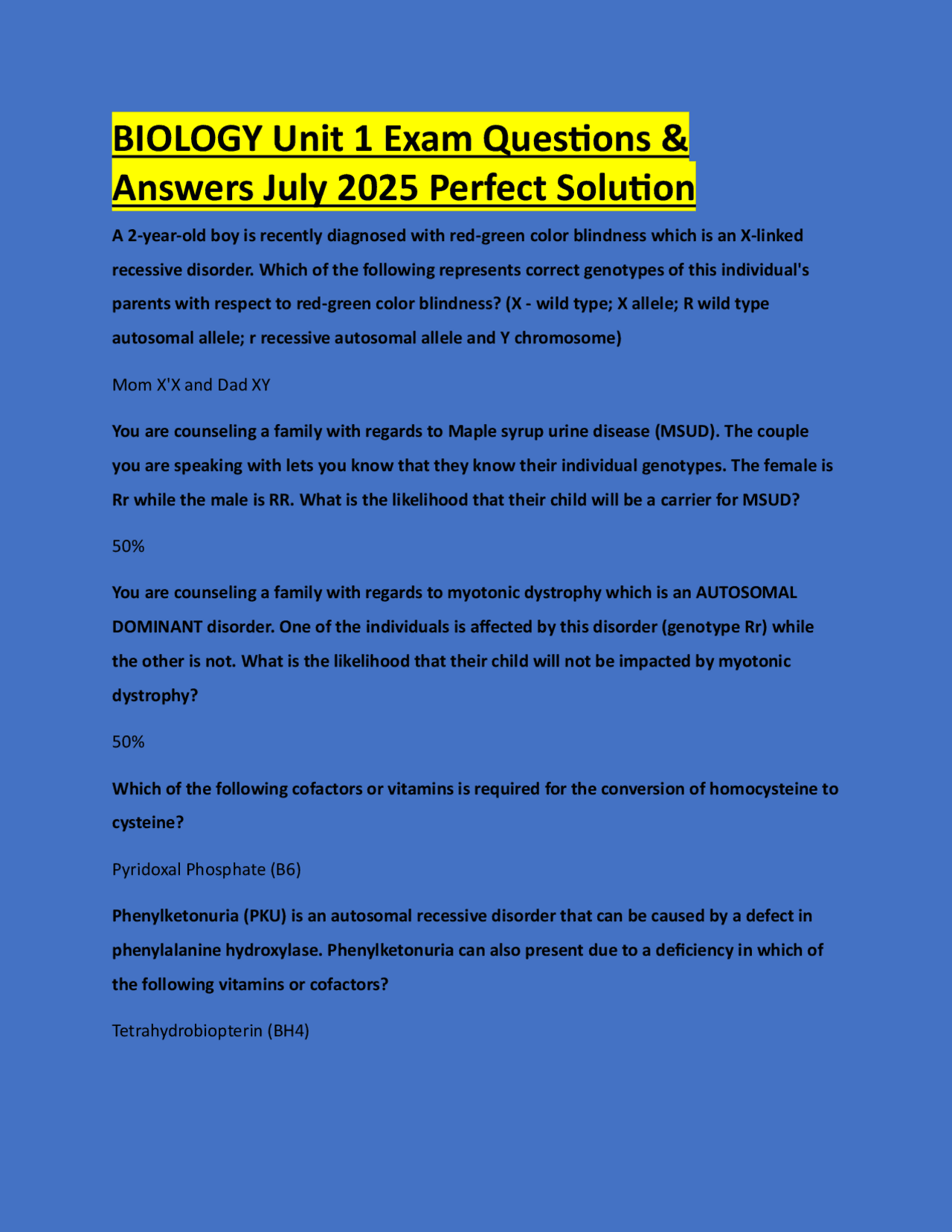 BIOLOGY Unit 1 Exam Questions & Answers July 2025 Perfect Solution ...