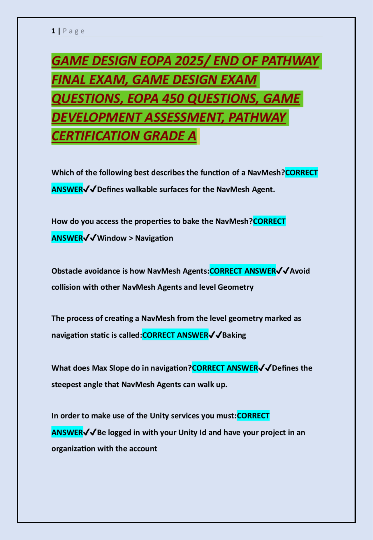 GAME DESIGN EOPA 2025/ END OF PATHWAY FINAL EXAM, GAME DESIGN EXAM ...