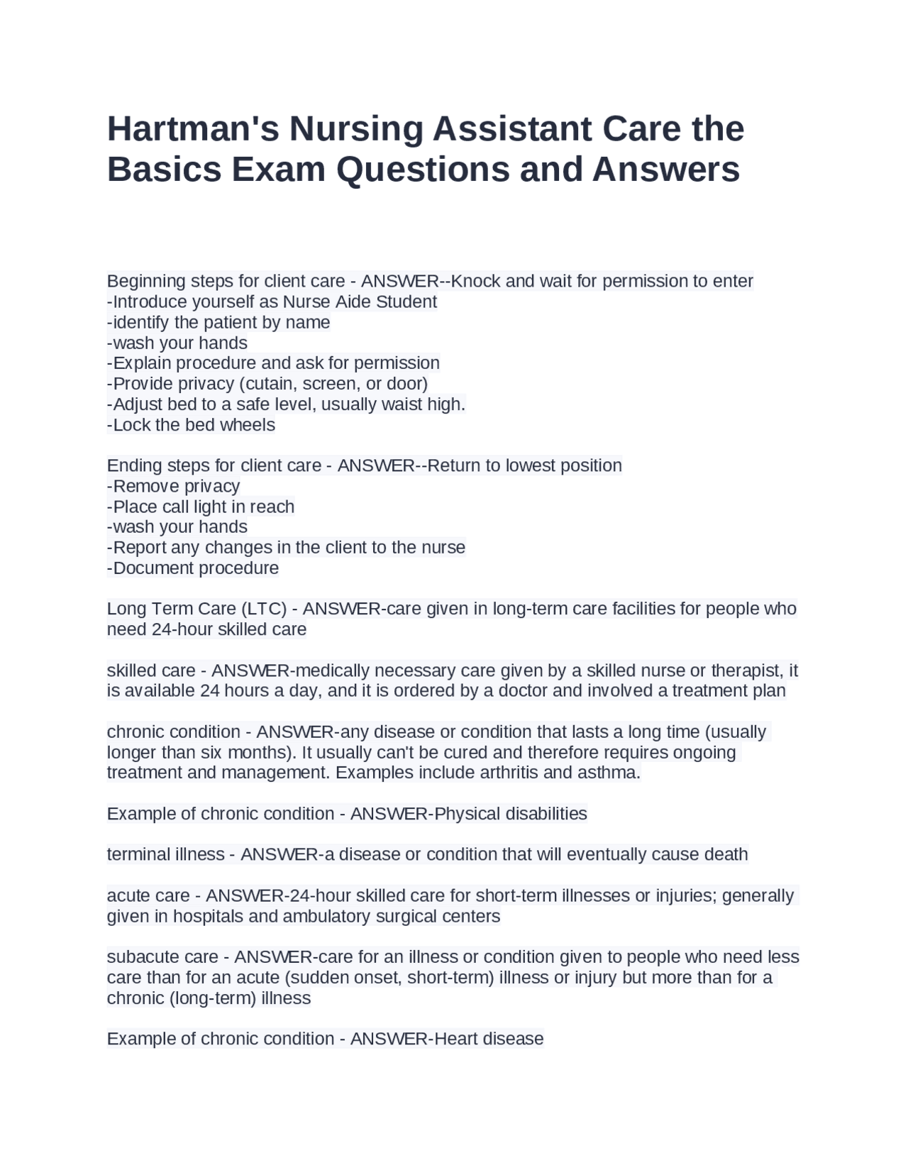 Nursing Assistant Care Basics: Exam Questions and Answers | Exams ...