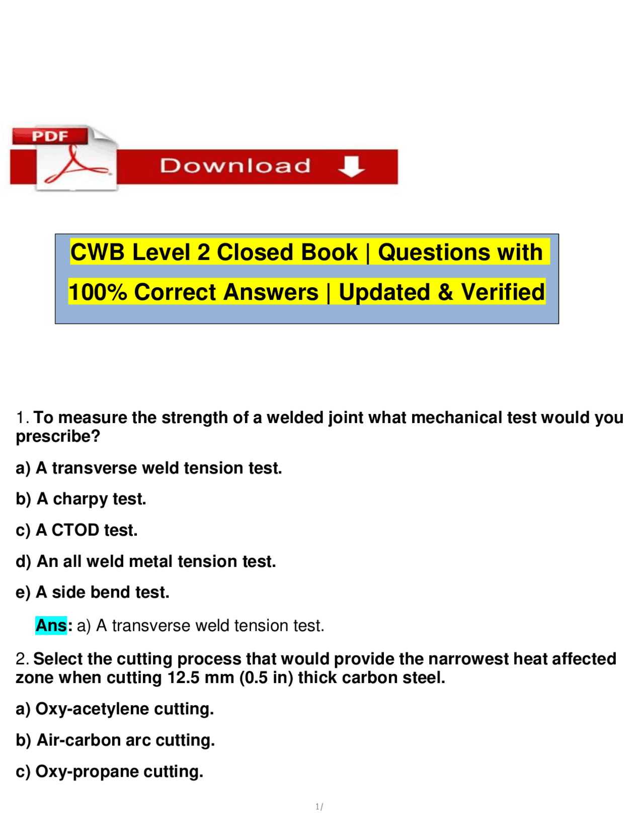CWB Level 2 Closed Book Questions with 100% Correct Answers Updated ...