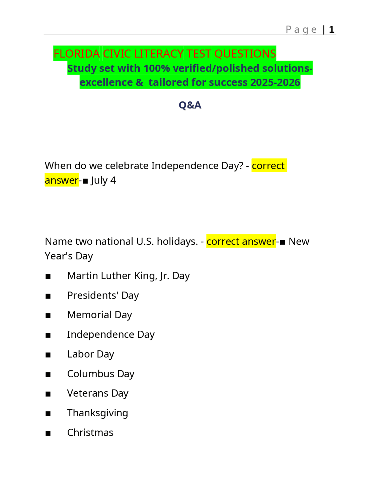 FLORIDA CIVIC LITERACY TEST QUESTIONS Study set with 100% verified ...