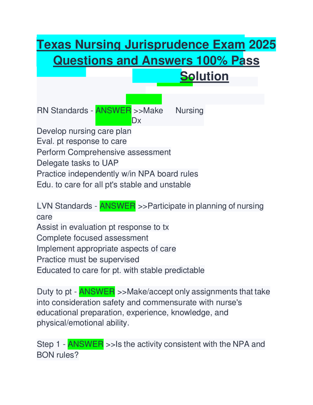 Texas Nursing Jurisprudence Exam 2025 Questions and Answers 100% Pass ...
