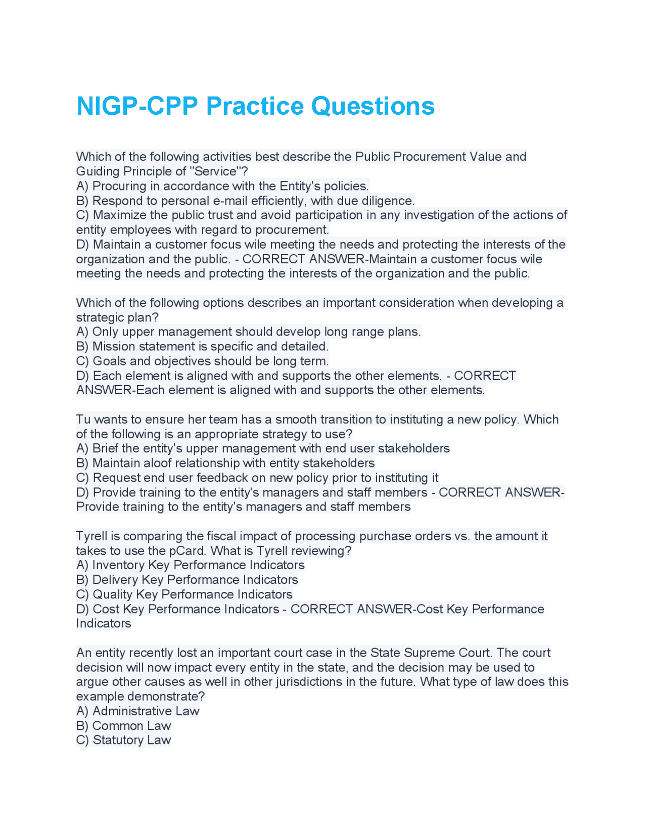 NIGP-CPP Practice Questions and Answers 100% Solved correctly | Exams Advanced Education | Docsity
