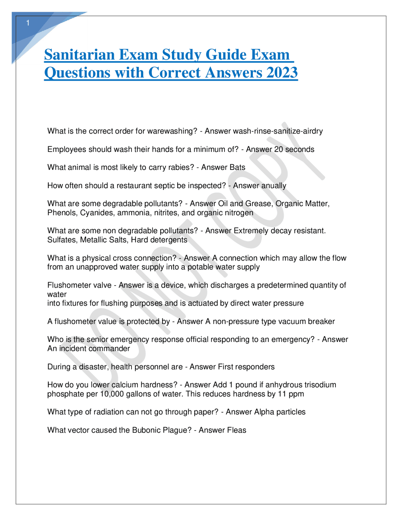 Sanitarian Exam Study Guide Exam Questions with Correct Answers | Exams ...