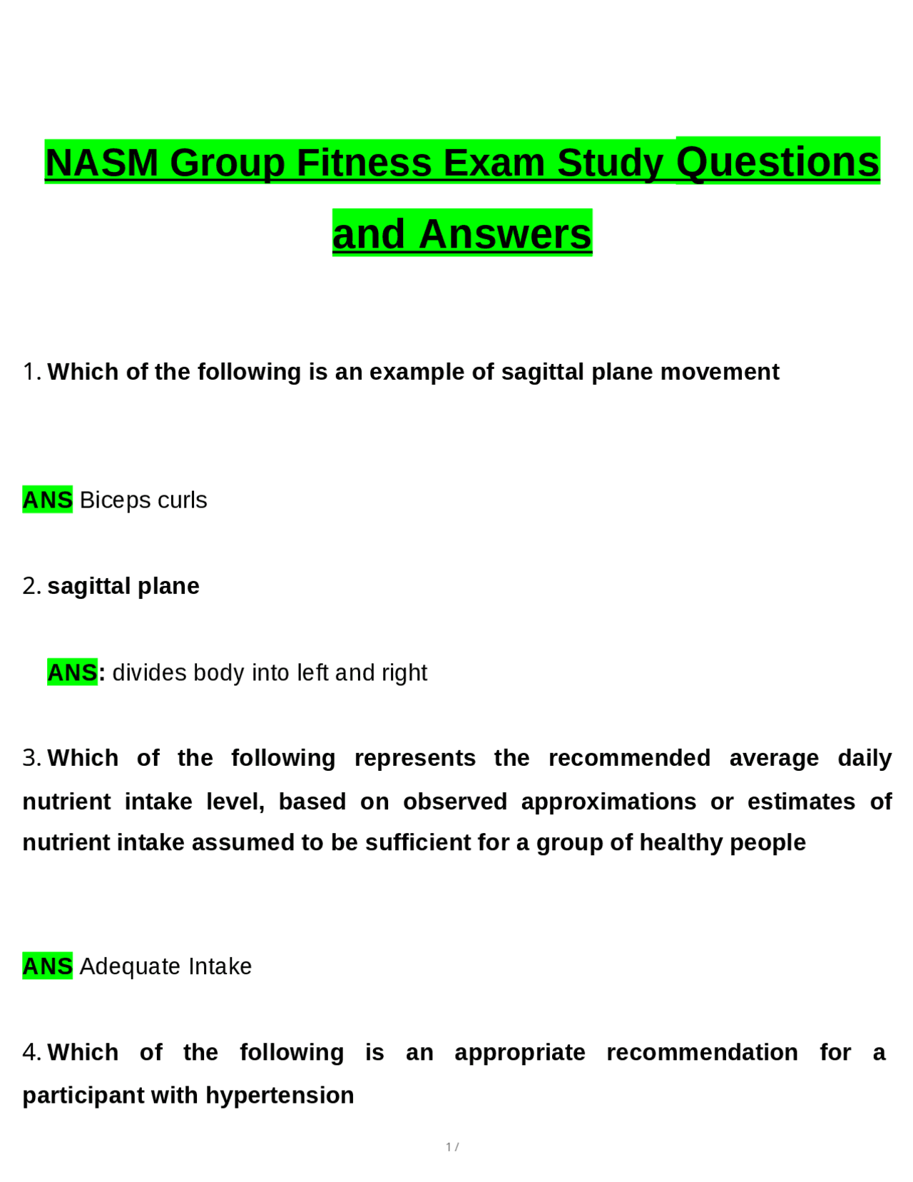 NASM Group Fitness Exam tested questions with revised correct answers ...