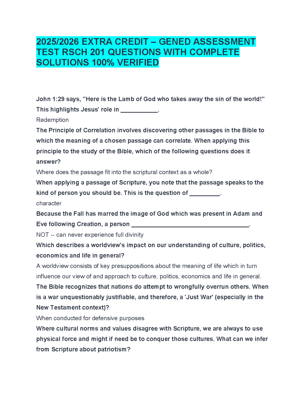 2025/2026 EXTRA CREDIT – GENED ASSESSMENT TEST RSCH 201 QUESTIONS WITH ...