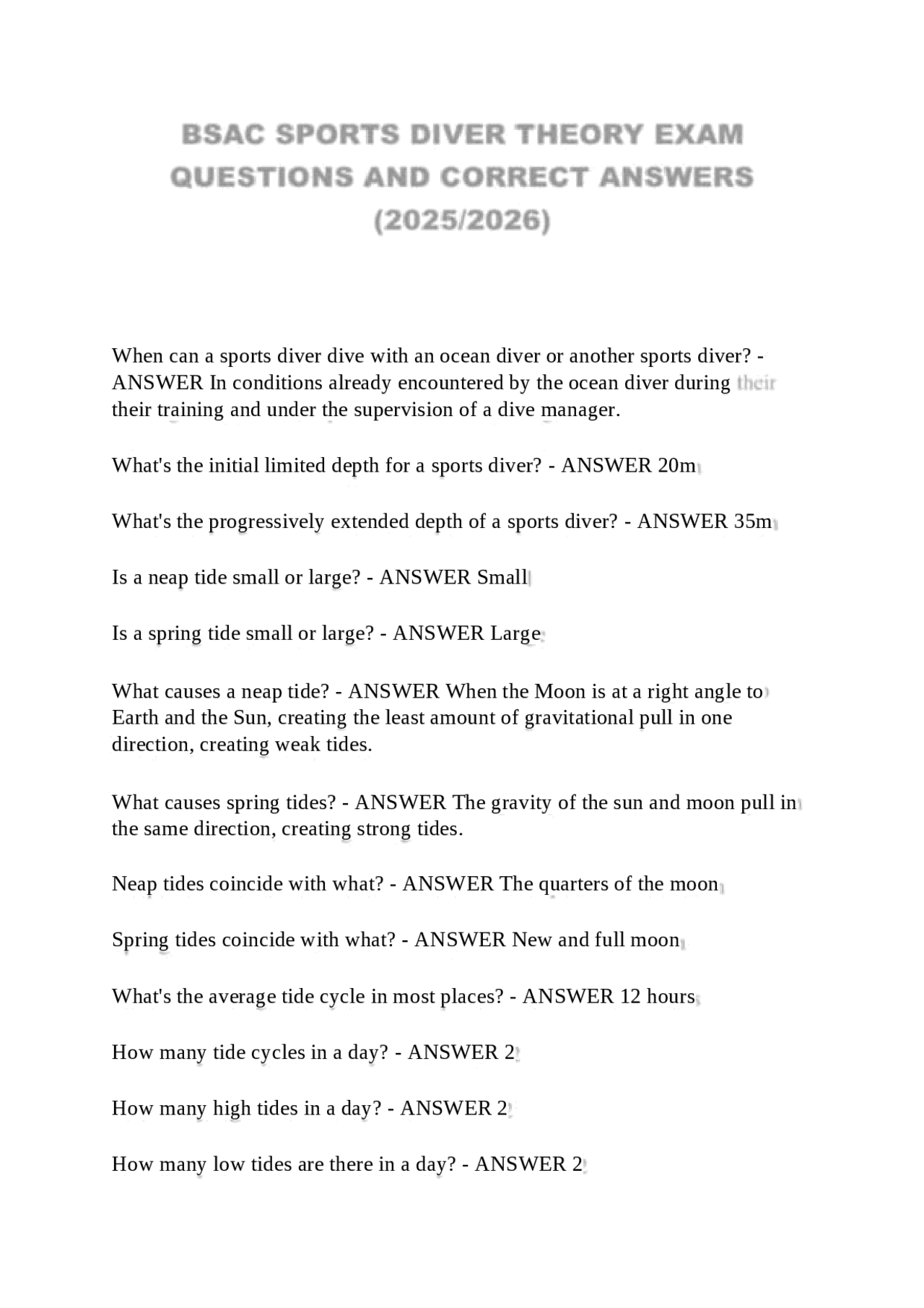 BSAC SPORTS DIVER THEORY EXAM QUESTIONS AND CORRECT ANSWERS | Exams ...
