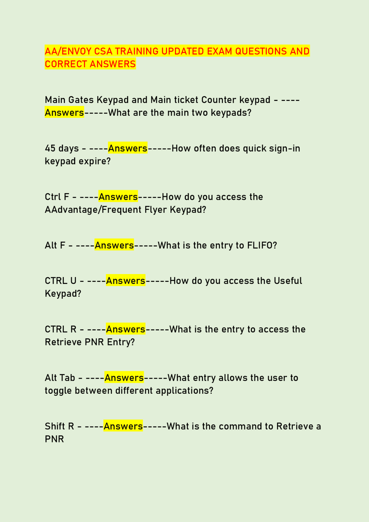 AA/ENVOY CSA TRAINING UPDATED EXAM QUESTIONS AND CORRECT ANSWERS ...
