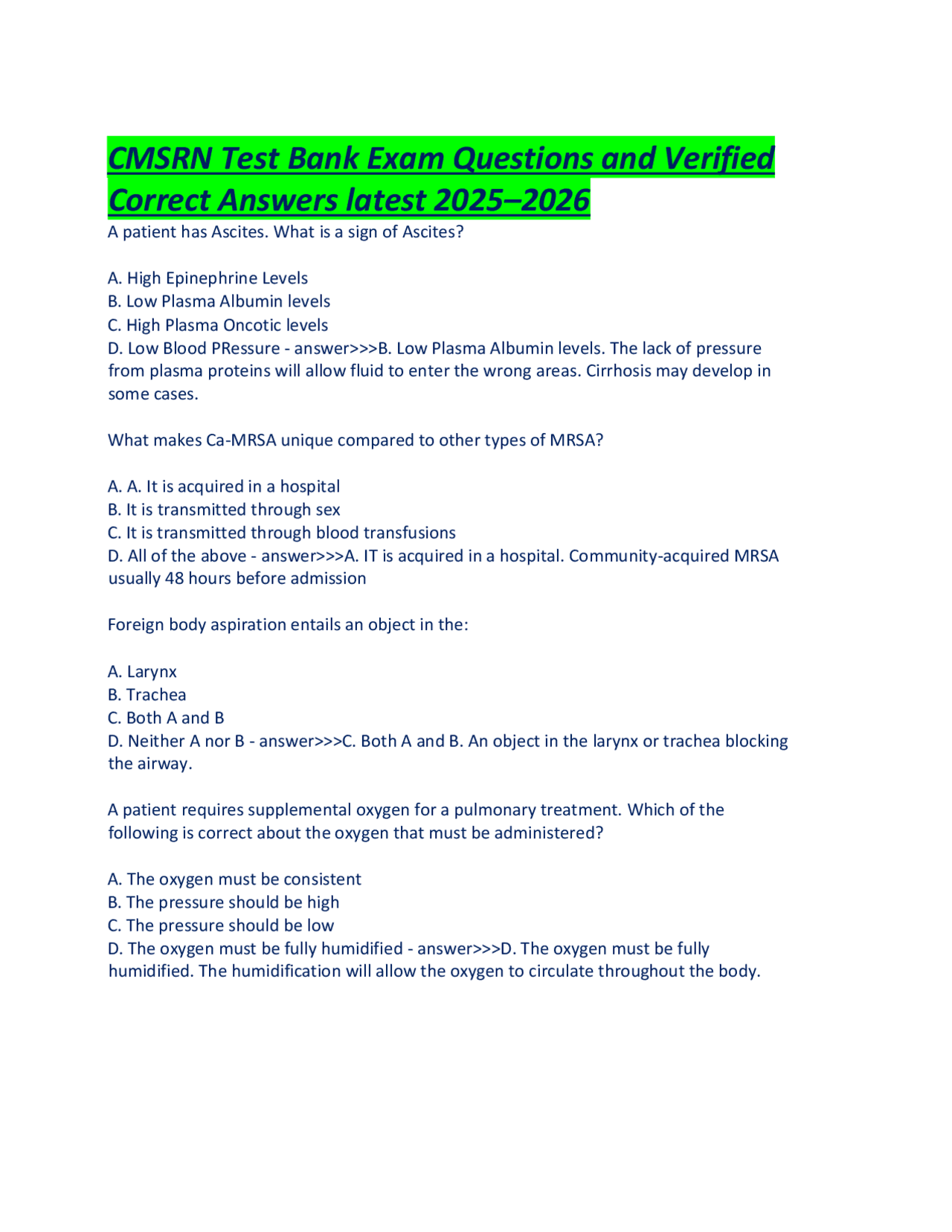 CMSRN (Certified Medical-Surgical Registered Nurse) Test Bank Exam ...