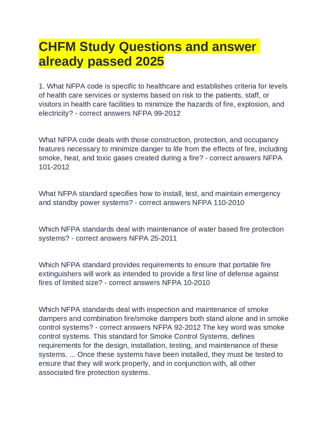 CHFM Study Questions and answer already passed 2025 | Exams Nursing ...