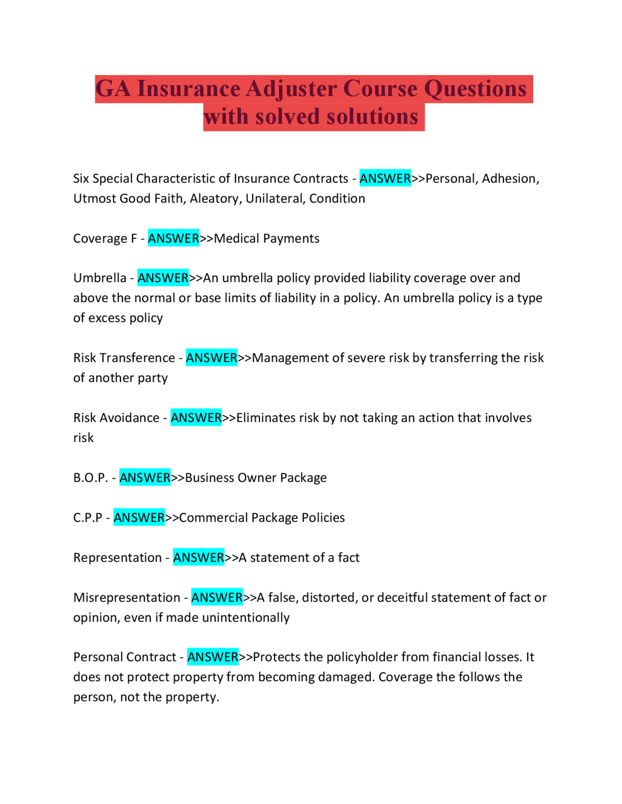 GA Insurance Adjuster Course Questions with solved sol | Exams ...