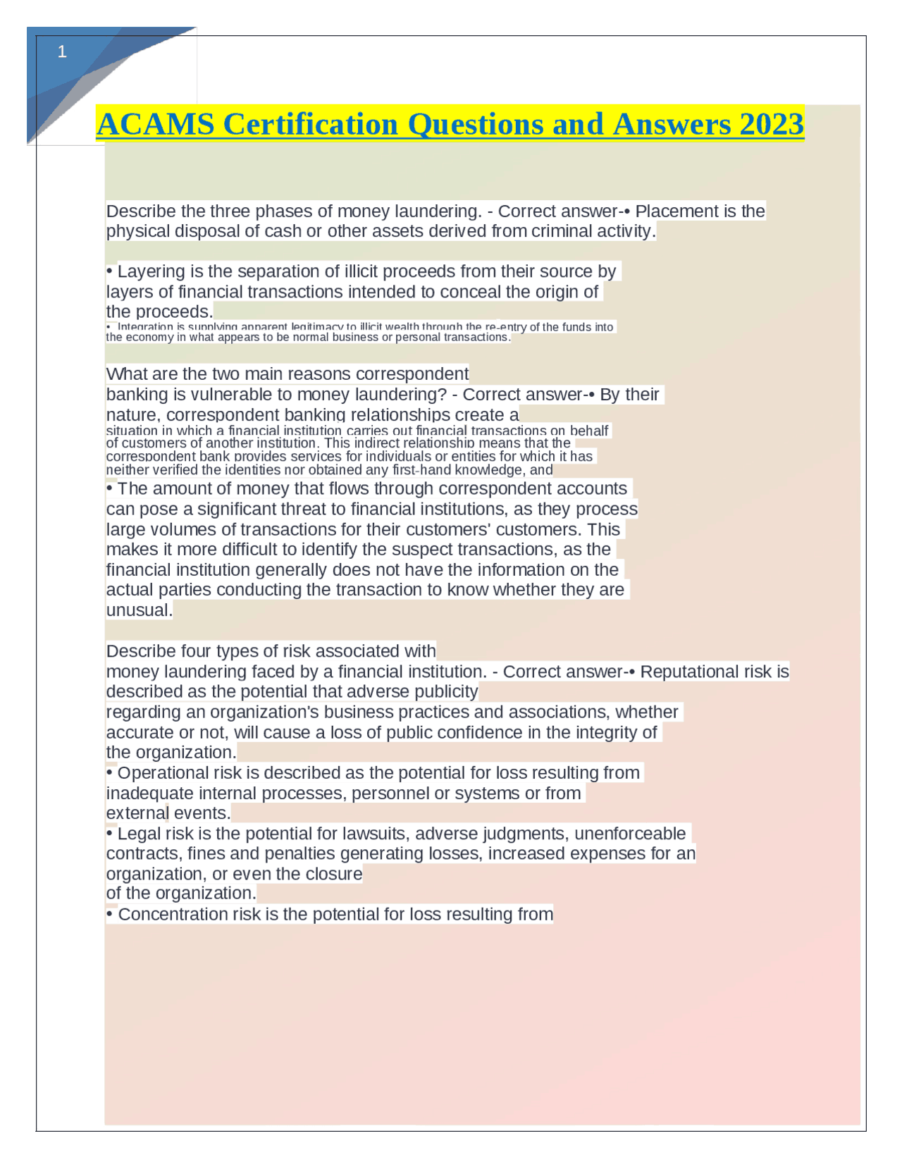 ACAMS Certification Questions and Answers | Exams Nursing | Docsity