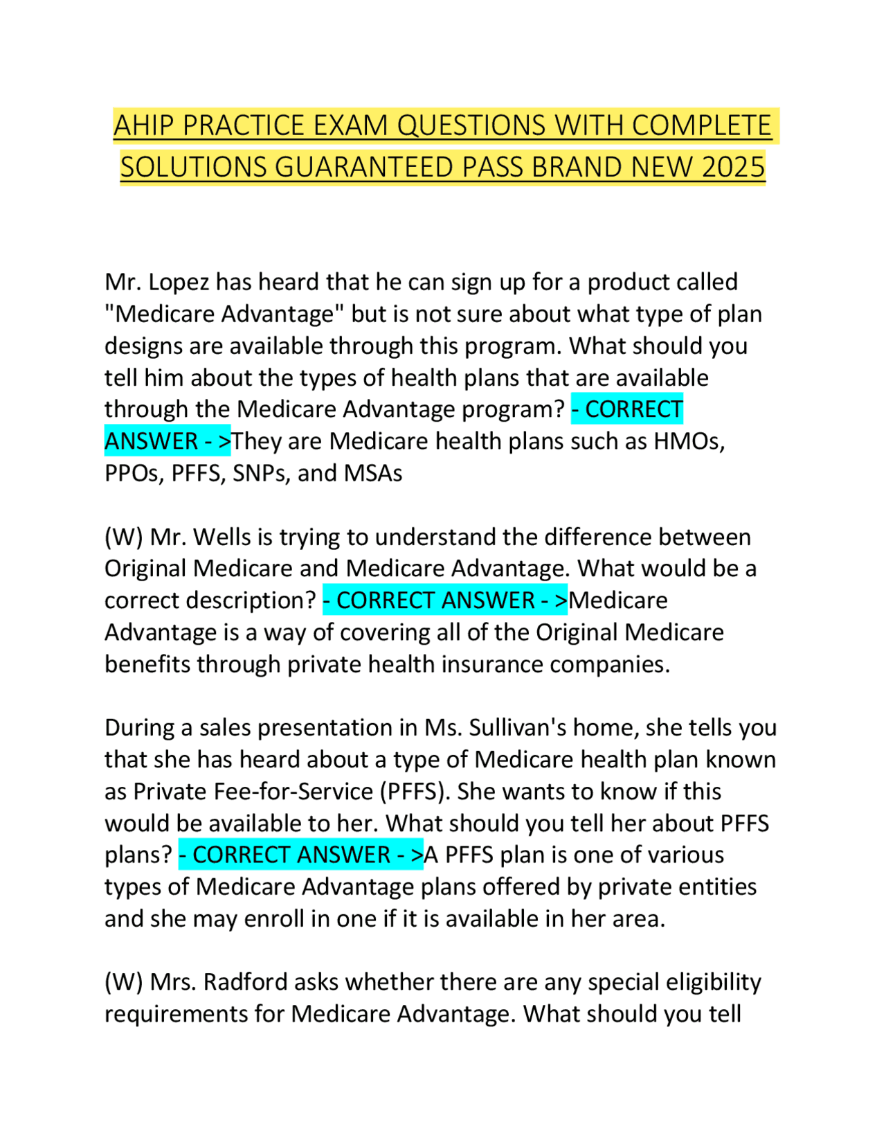 AHIP PRACTICE EXAM QUESTIONS WITH COMPLETE SOLUTIONS GUARANTEED PASS ...