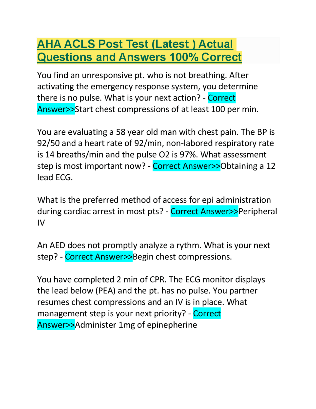 AHA ACLS Post Test (Latest ) Actual Questions and Answers 100% Correct ...
